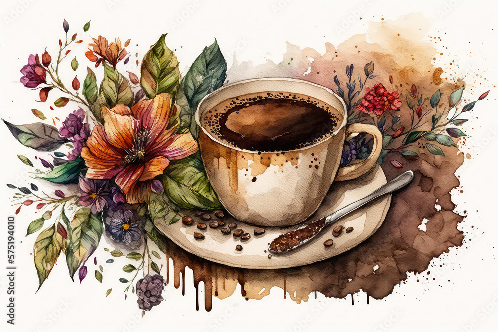 Watercolor coffe cup, concept coffee and flowers art illustration, cafe ...