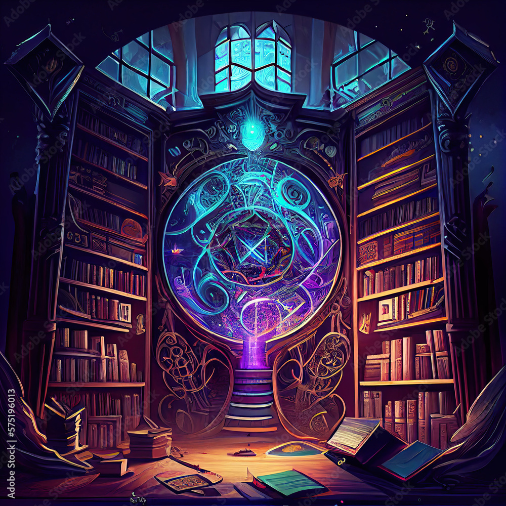 The art library with symbols projection on its screen. Concept Art ...