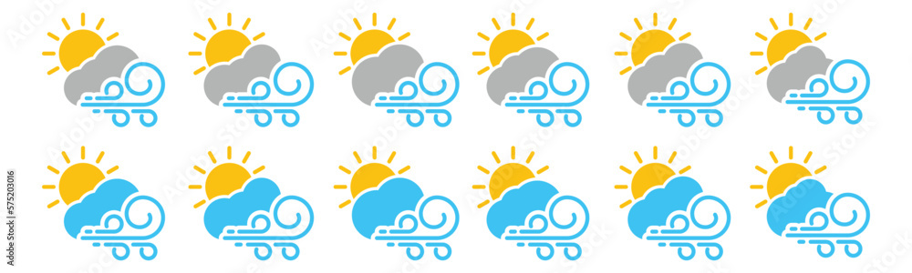 Windy daylight weather icon set. Strong wind sunny weather icon. Cloud ...