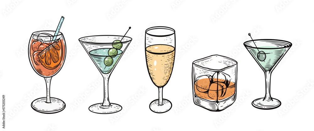Colorful cocktails outline vector art illustration isolated on white ...