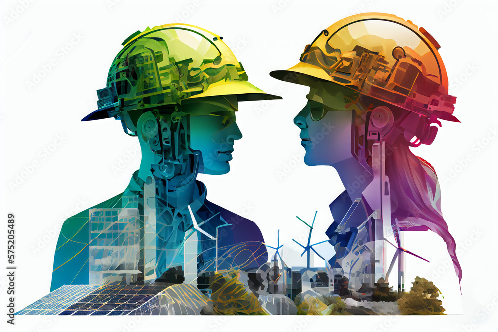 Future of Engineer renewable energy wearing helmet with solar panels, solar cells, solar energy ...