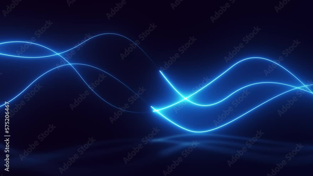 Glowing neon blue curve laser lines on black background. Seamless loop ...