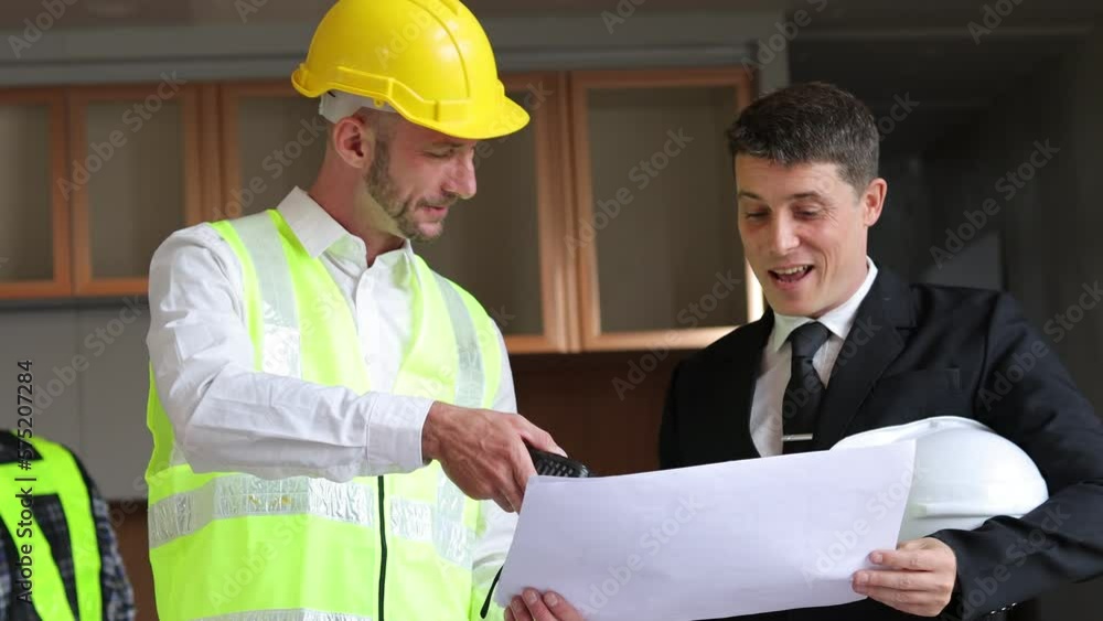 Businessmen and construction engineer discuss planning a construction ...