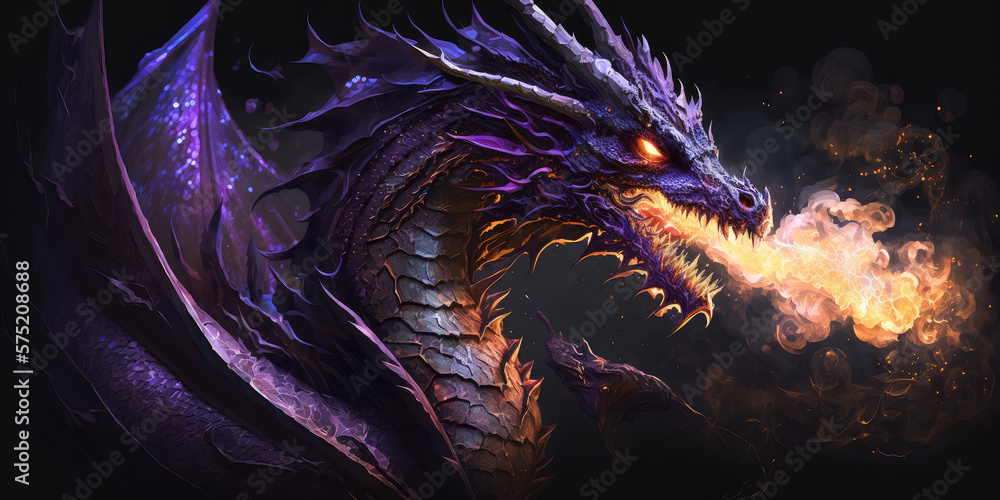 Purple dragon breathing fire. Mythology creature. Dark fantasy ...