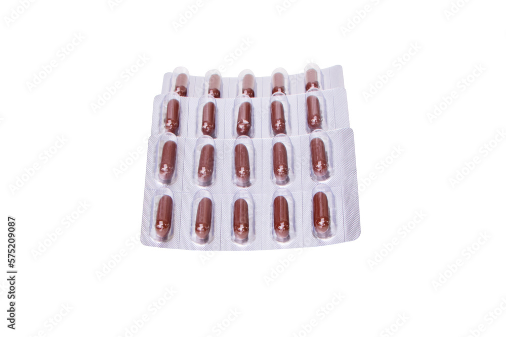 Drug capsule. Medicine is a capsule brown that is placed in a panel ...