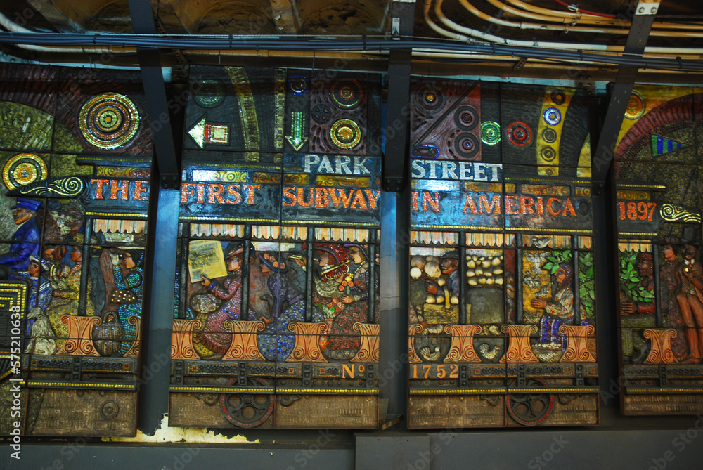 A mosaic mural inside the Boston T line Park Street station celebrates ...