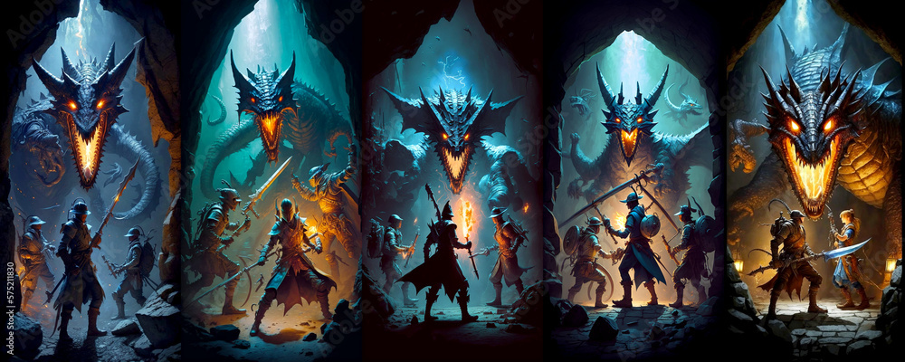 Adventurer fighting dragon, swordsman, game, RPG, illustration set, AI ...