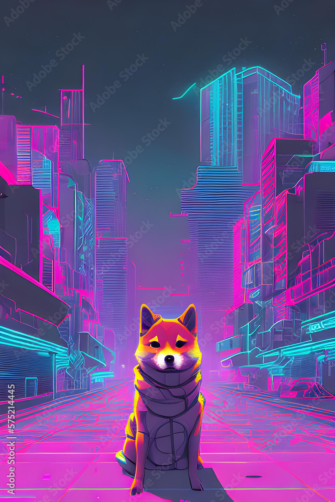 Shiba inu in the middle of a city night - Synthwave style Stock ...