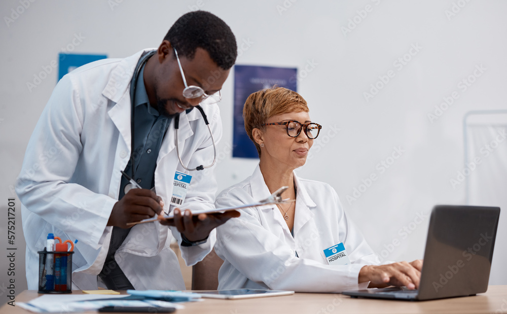 Teamwork, planning and doctors at desk for research training, hospital ...