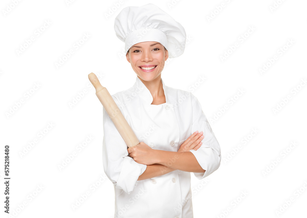 Baker / Chef woman happy holding baking rolling pin wearing uniform ...