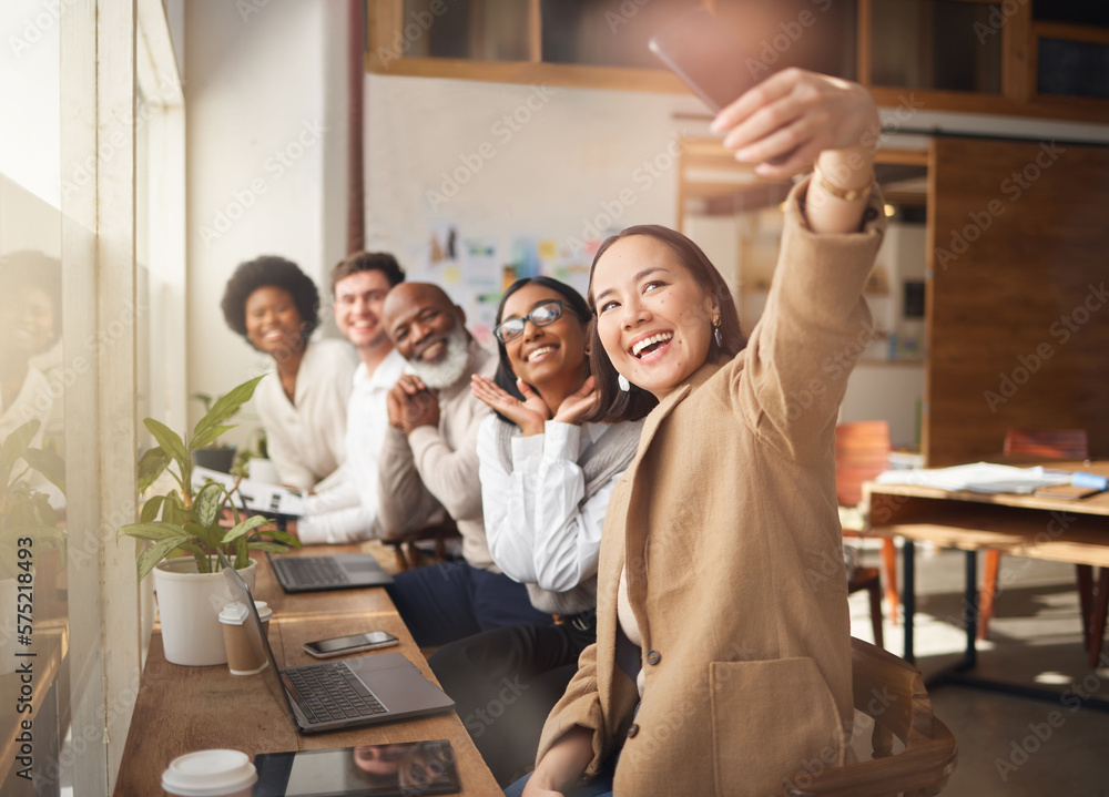 Selfie, friends and memory with a business team working in the ...