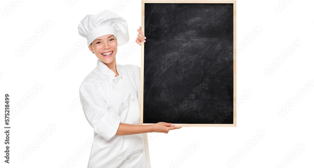 Chef. Woman cook showing empty menu chalkboard with copy space. Smiling ...