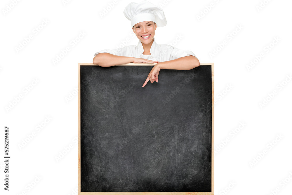 Chef showing menu sign blackboard happy. Empty menu chalkboard with ...