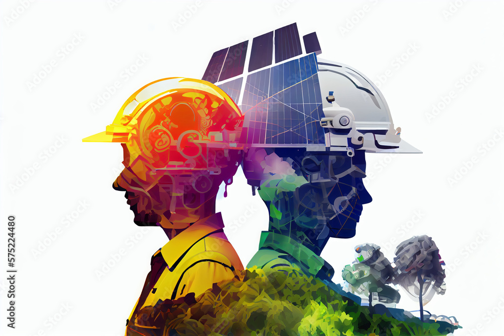 Future of Engineer renewable energy wearing helmet with solar panels ...