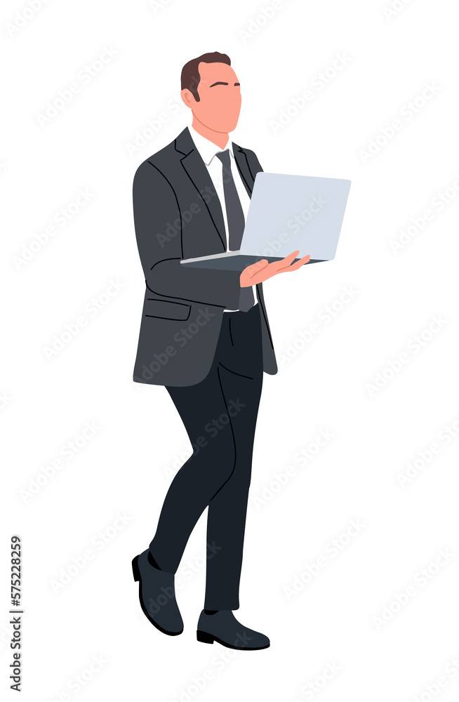 Businessman character with laptop. Handsome man wearing formal suit ...