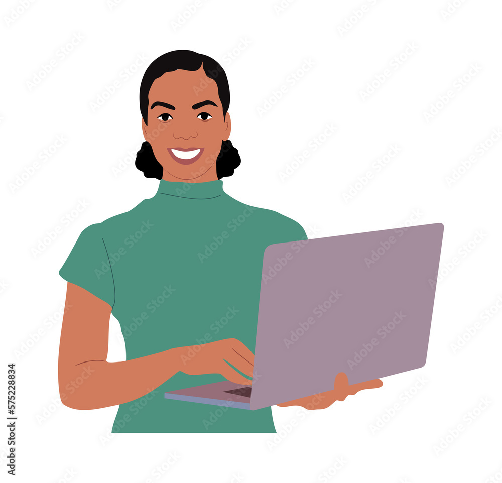 Young business woman working on computer. Pretty girl Student, teacher ...