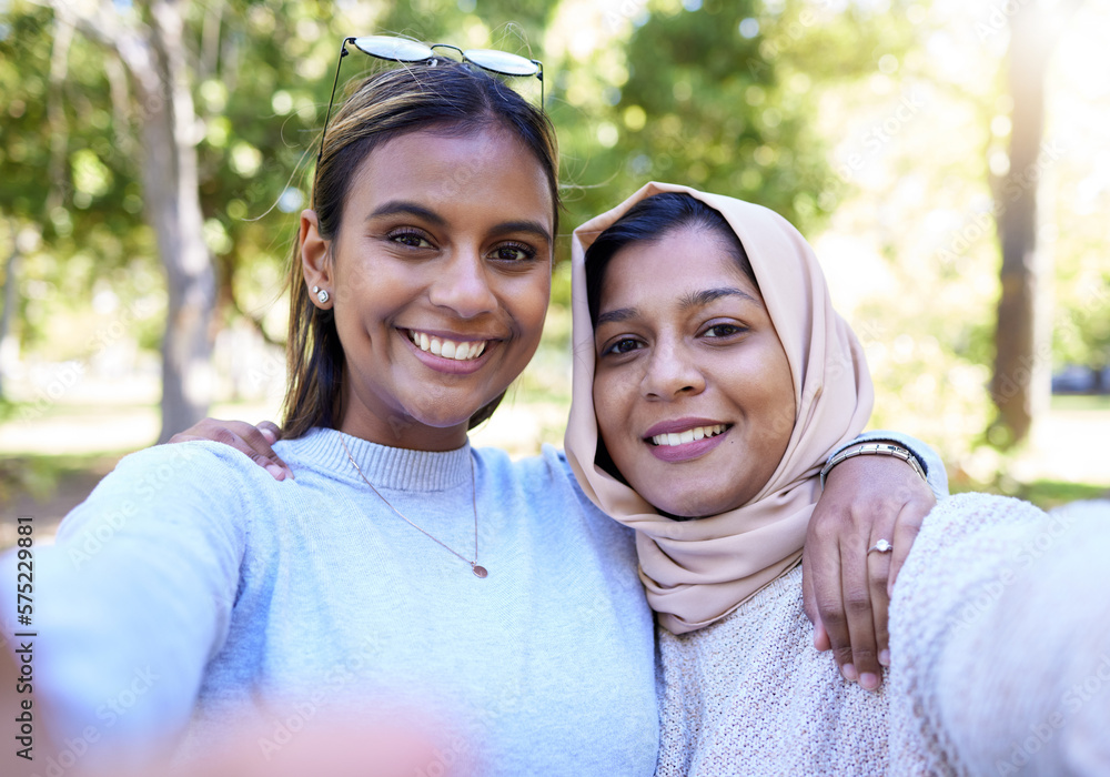 Women, muslim and friends selfie in park, nature and happiness for ...