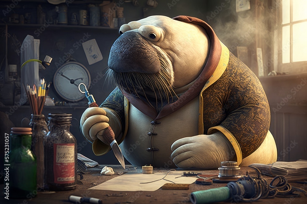 Walrus Scientist's Whimsical Lab: 5 Expressive Characters Conducting ...