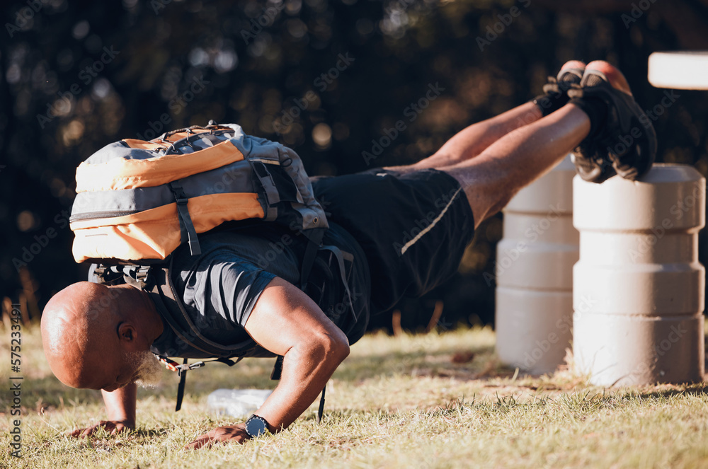 Pushup, training and black man at a fitness bootcamp for exercise ...