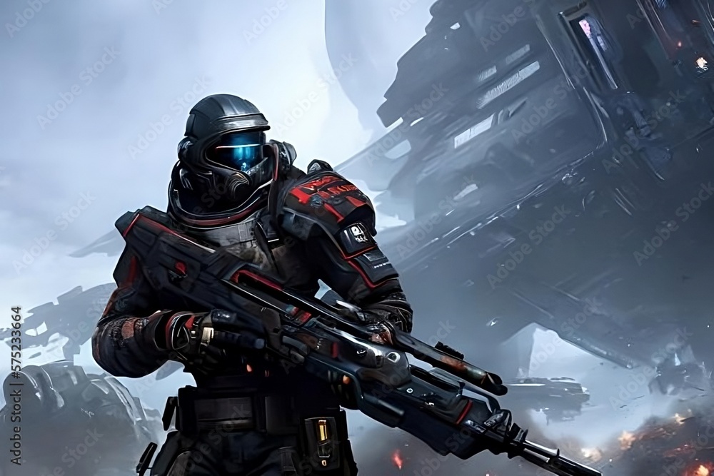 Army soldier with a rifle on a battlefield, military warrior, sniper ...