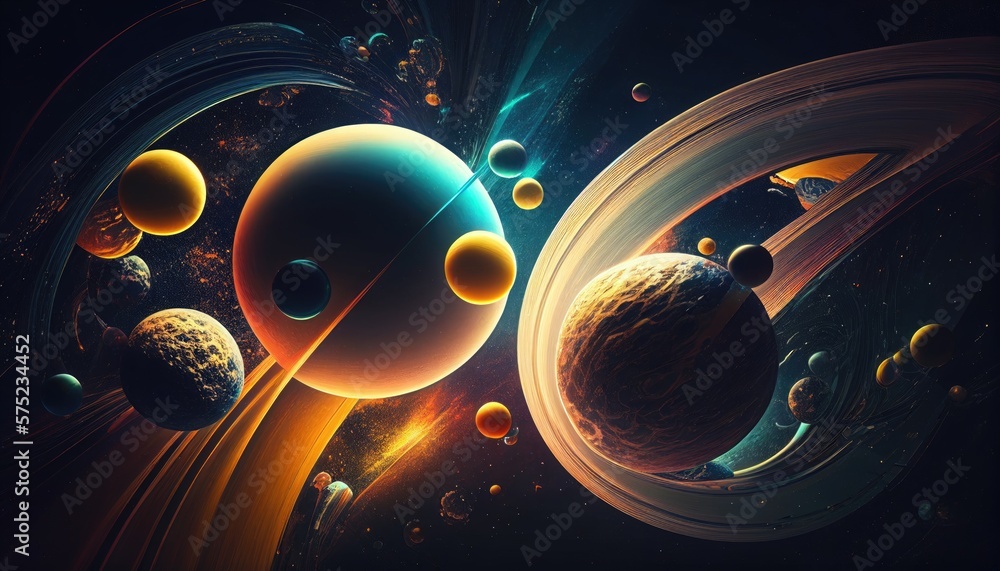 Abstract futuristic view of the planets of the solar system in space ...
