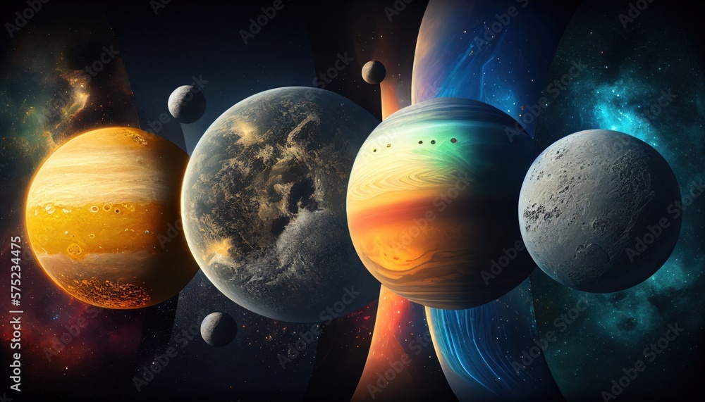 Abstract futuristic view of the planets of the solar system in space ...