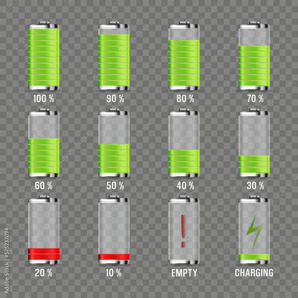 Set of realistic glass power battery. Charging, discharged and various ...
