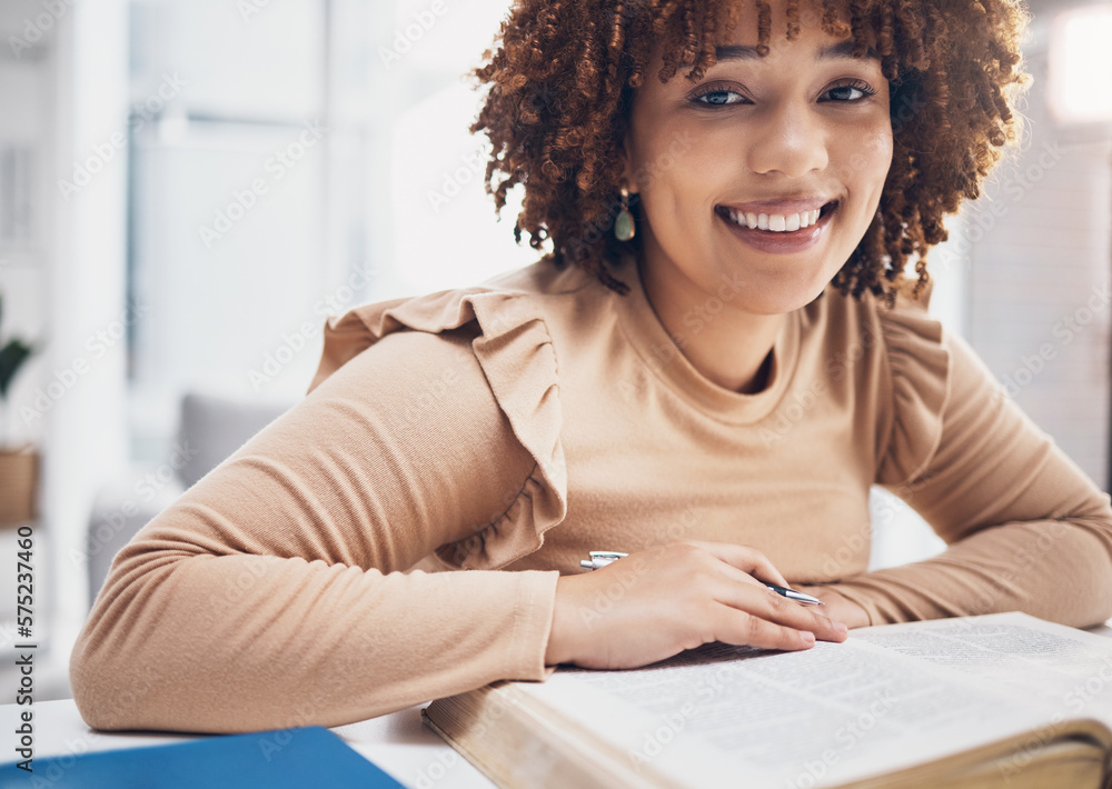 Smile, prayer and portrait of black woman with bible for happy, worship ...