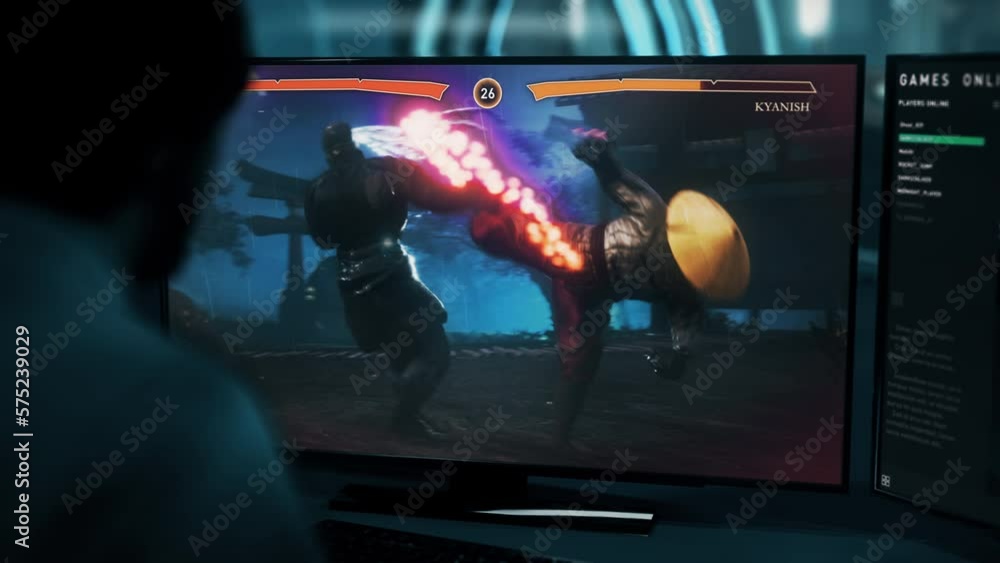 Gaming streamer broadcasting the computer fighting simulator tournament ...