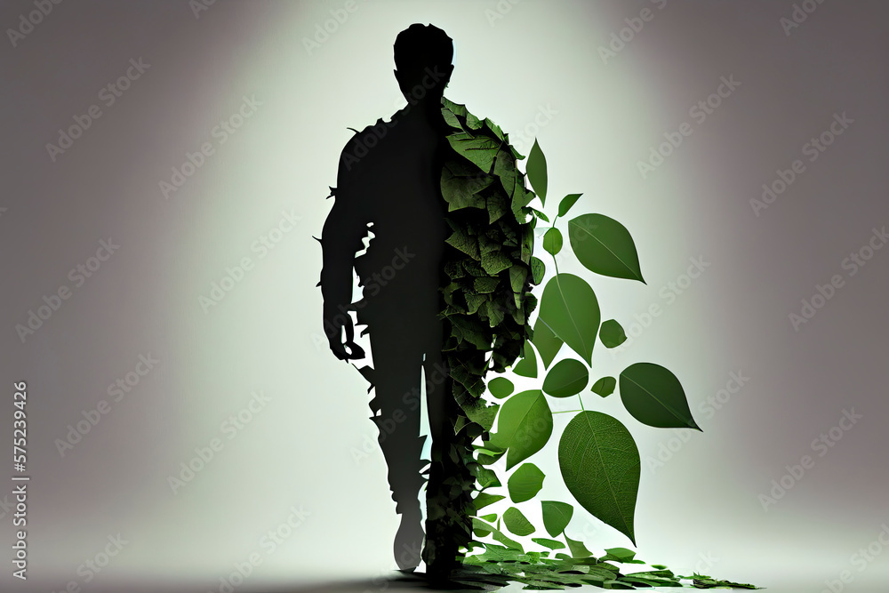 silhouette of man running made of green leaves leaving a trail of ...