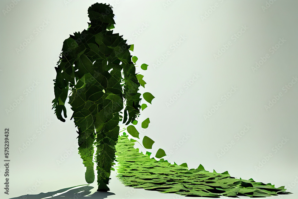 silhouette of man running made of green leaves leaving a trail of ...