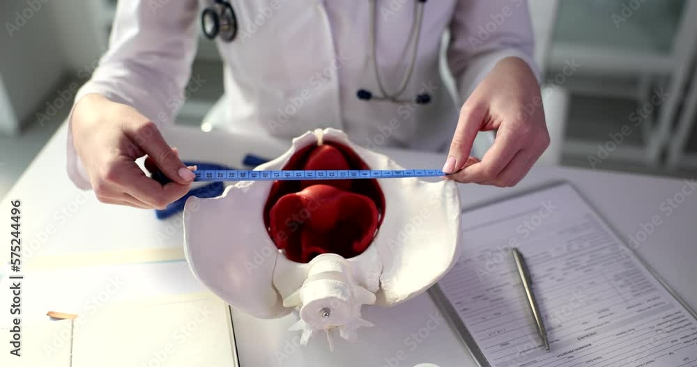 Gynecologist measures dimensions of pelvis and transverse dimensions of ...