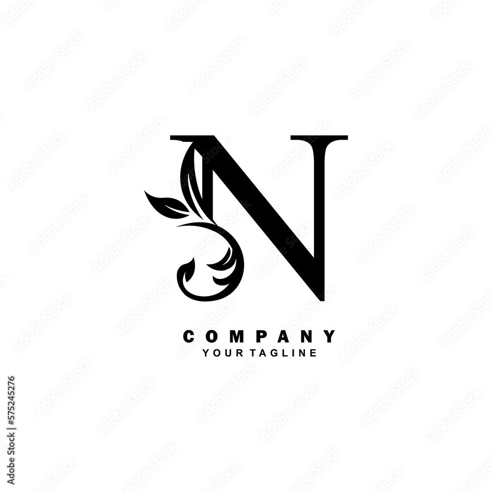 Elegant luxury black N letter logo vector design with leaf and flower ...