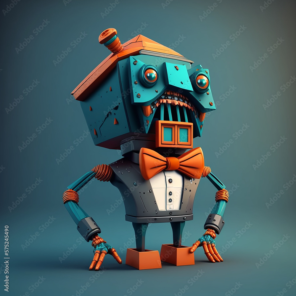 cartoon octane render picture of a robot with a house for a head ...