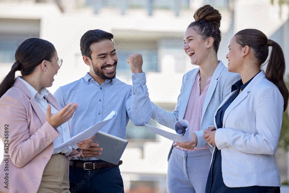Winning, fist pump and business people celebration, teamwork or ...