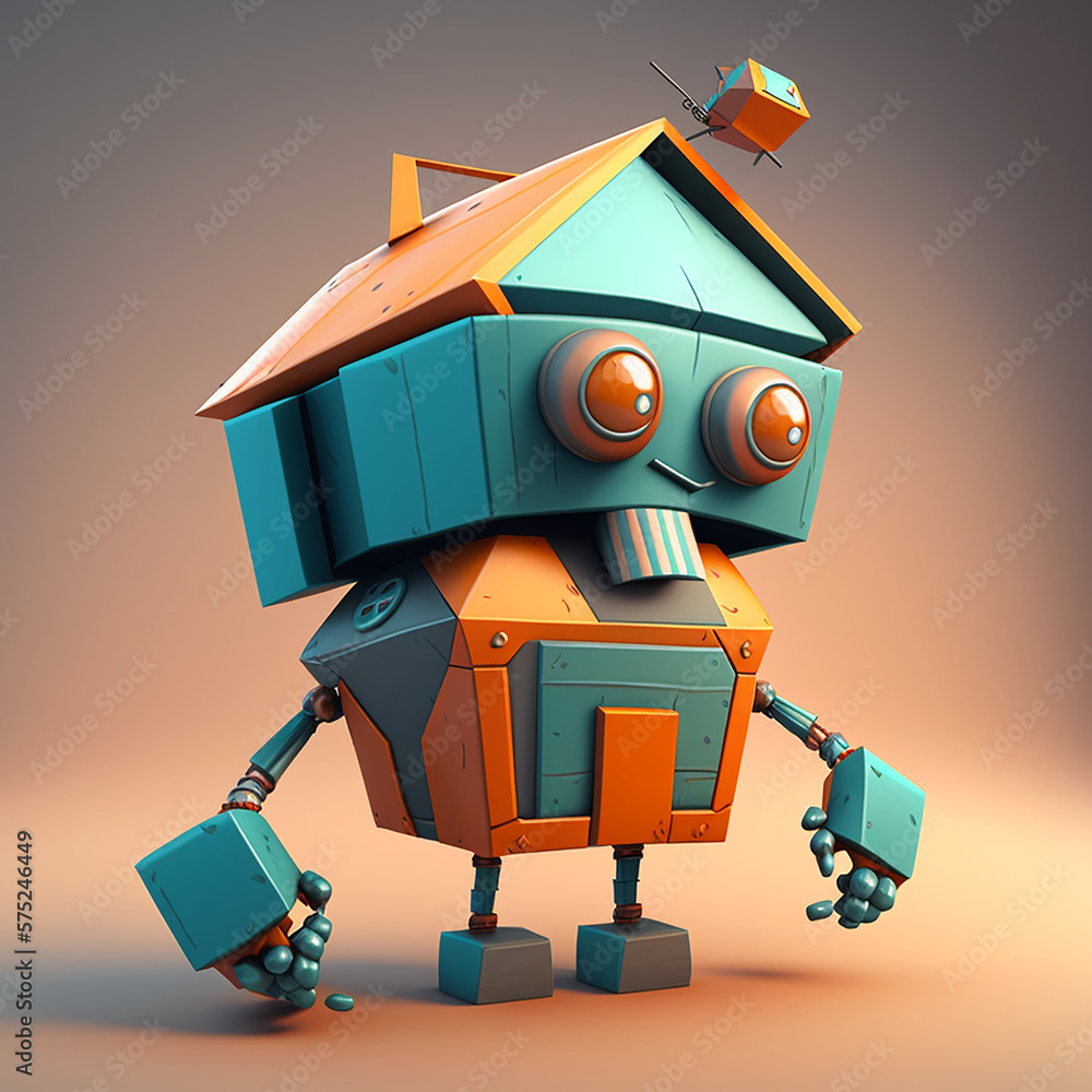 cartoon octane render picture of a robot with a house for a head ...