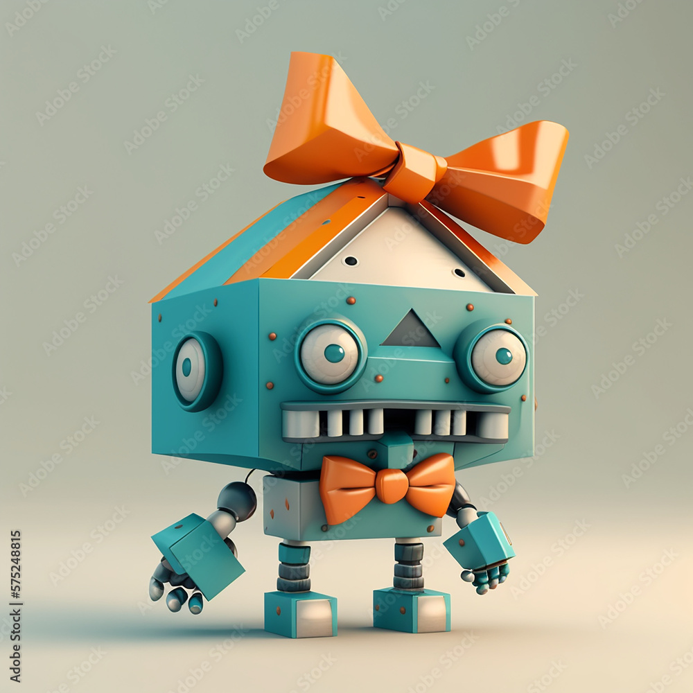 cartoon octane render picture of a robot with a house for a head ...