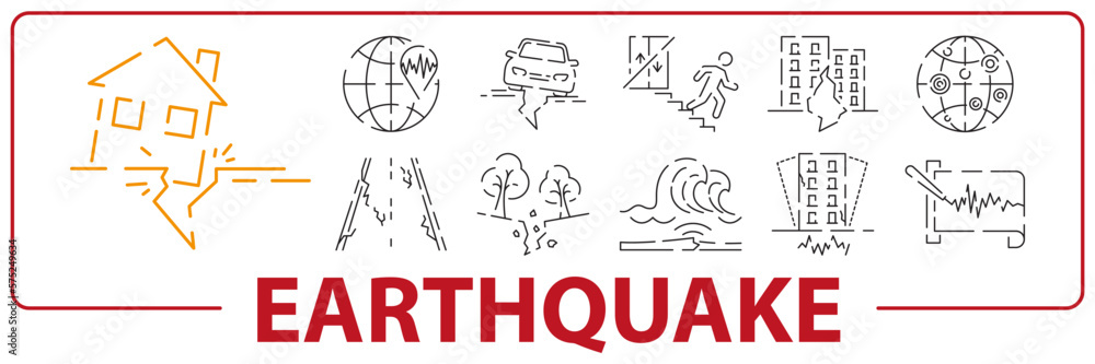 Earthquake line icons set. Pray For Turkey. Central fault line ...
