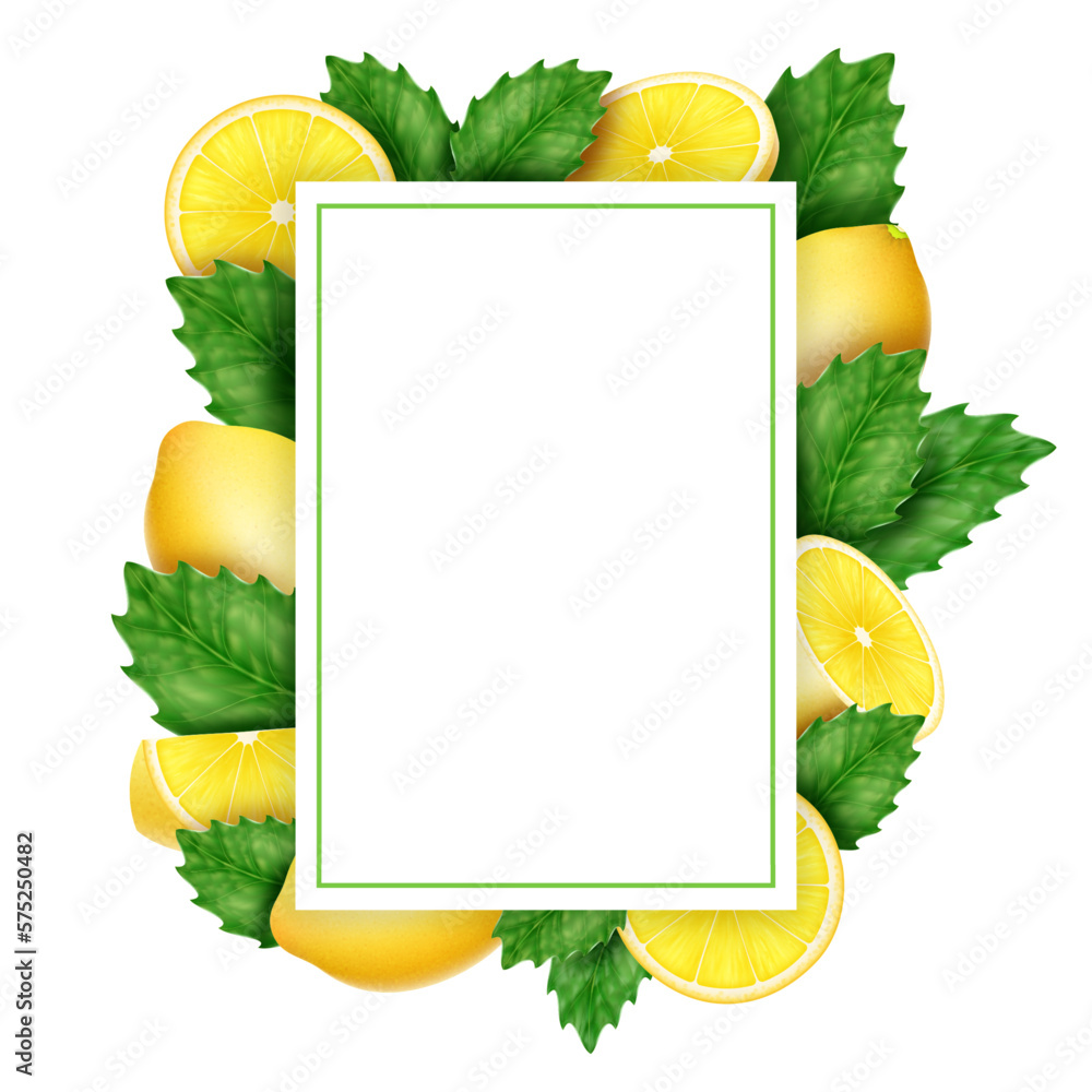 Lemon border, fruit background, flower frame. Corner with tree branch ...