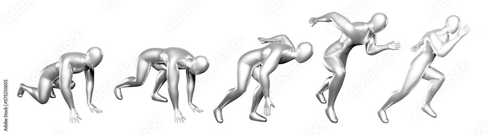 3d run silver stickman figure. Body postures from start to run. With a ...