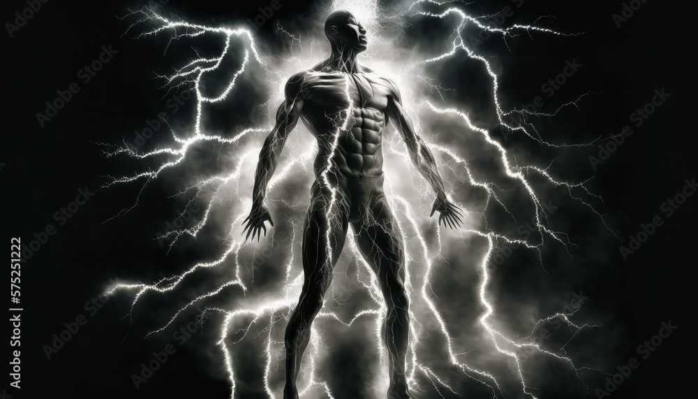Generative AI illustration of a Man in lightning flashes body silhouett ...