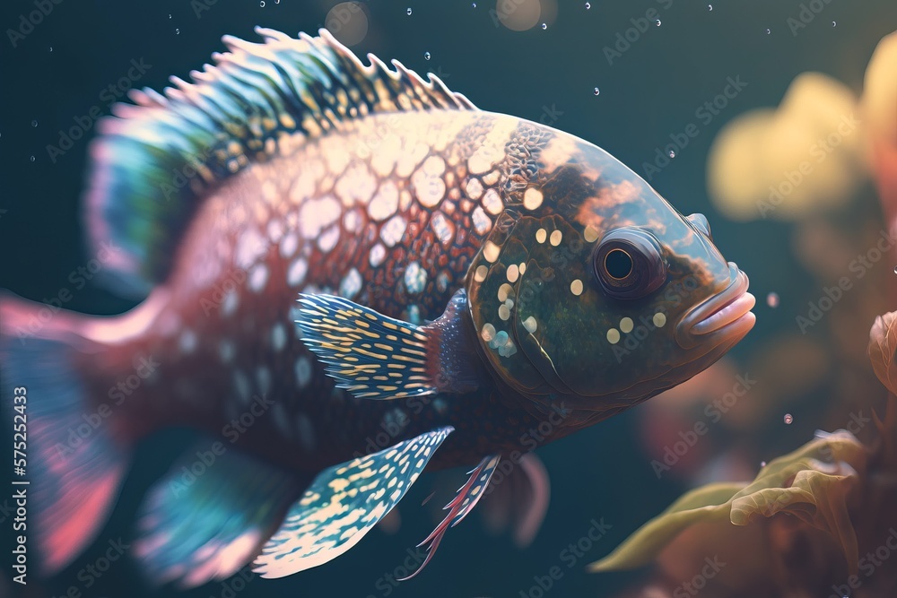 The vivid colors of the little fish glimmering as it swims through the ...