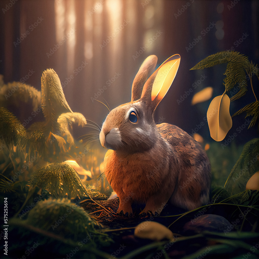 Generative AI image illustration of cute, fluffy Easter bunny in forest ...