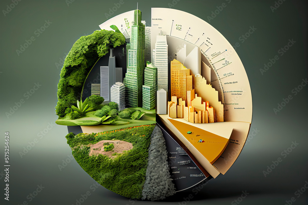 Pie chart with city and lush greenery environmental sustainability ...