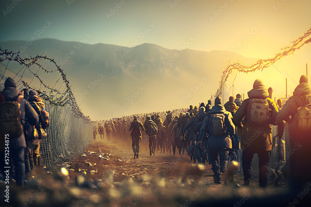 Crowd of refugee people goes in a line and a humanitarian disaster zone ...