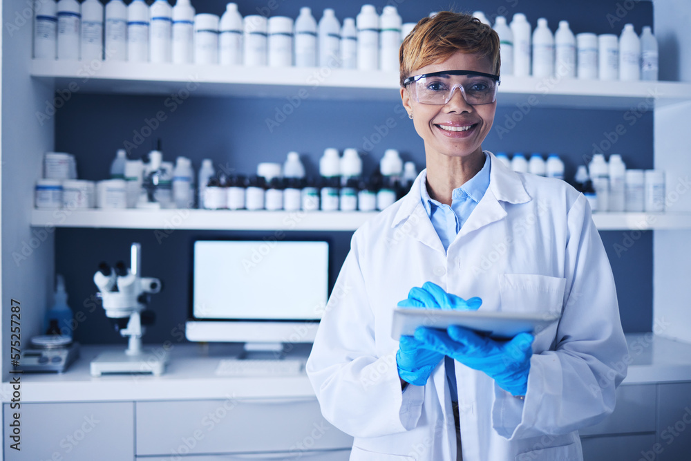 Science, tablet and black woman in laboratory for experiment, pharma ...