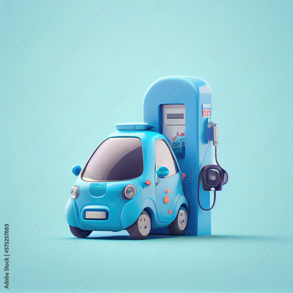 Cute 3D blue EV car with Electric charging station charger on isolated ...