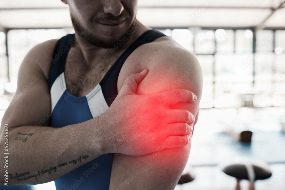 Shoulder pain, sport injury and man with fitness, muscle tension and ...