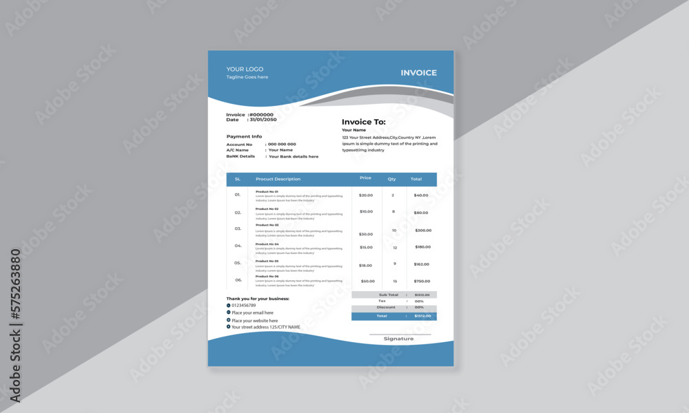 Business invoice form template. Invoicing quotes, money bills or price ...