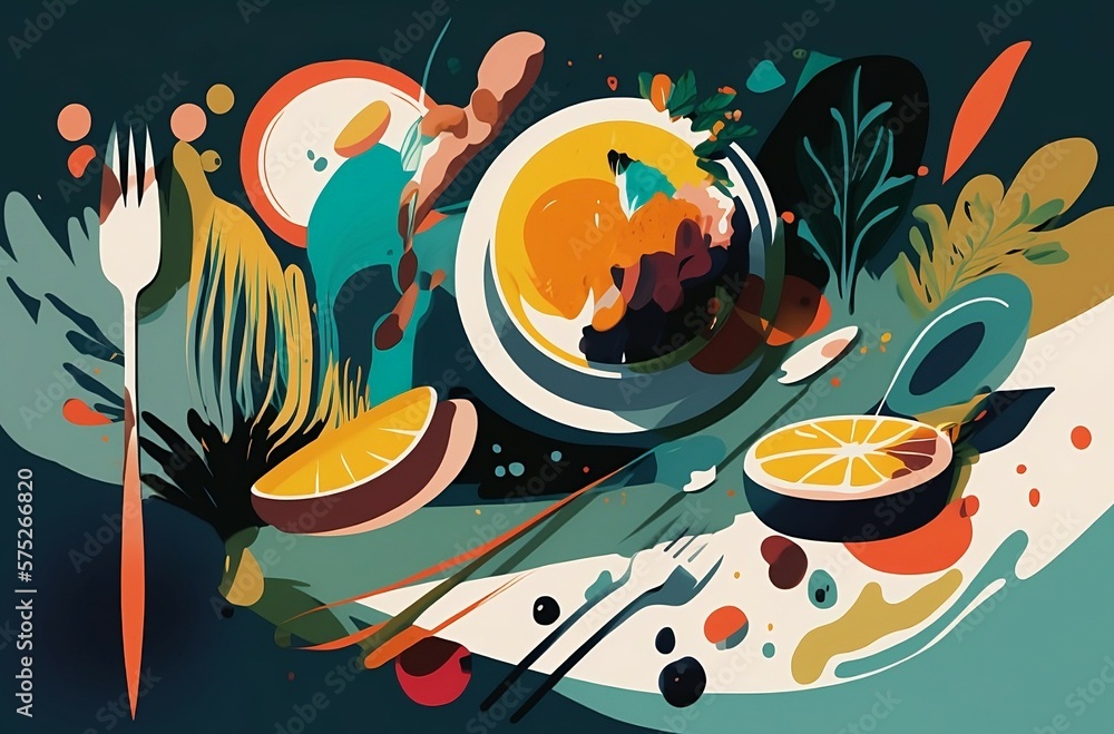 An abstract picture of food with bold, expressive brushstrokes and a ...